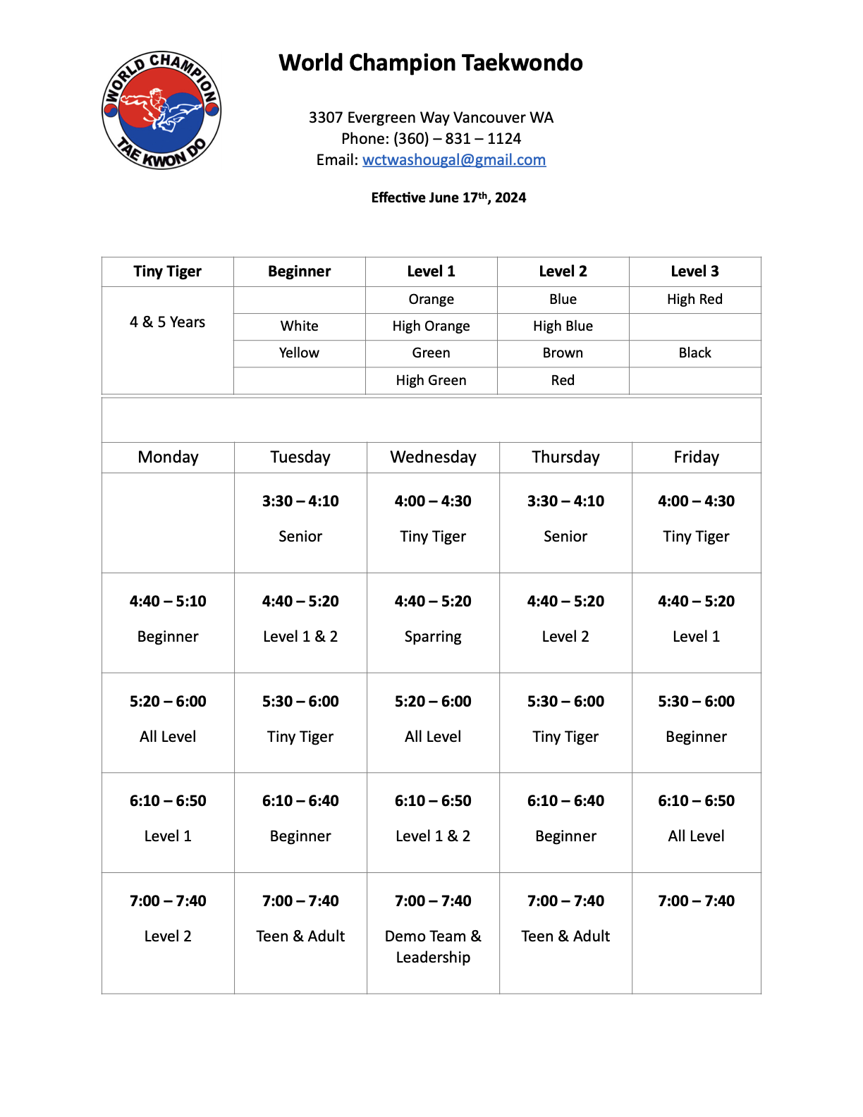 Schedule | World Champion Taekwondo